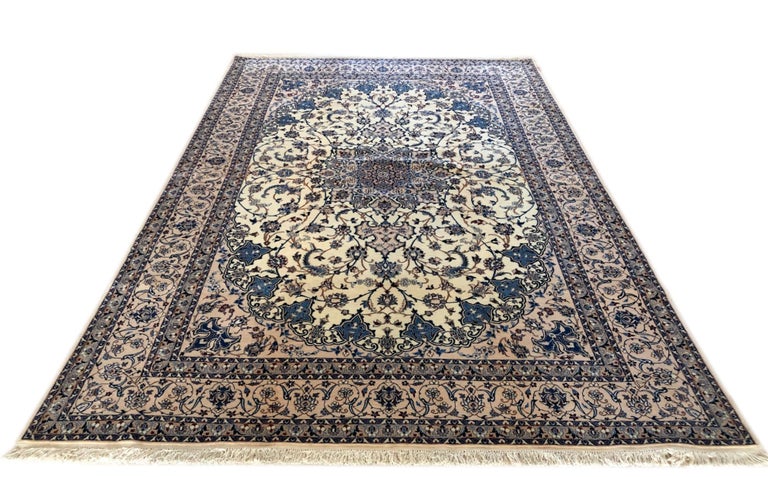 Persian Hand Knotted Medallion Floral Cream Nain Rug For Sale at 1stDibs