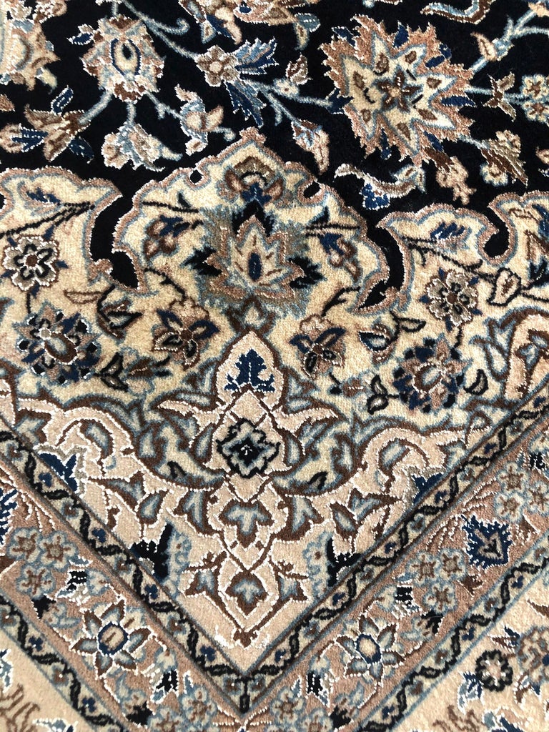 Persian Hand Knotted Medallion Floral Dark Blue Nain Rug, circa 1960s ...