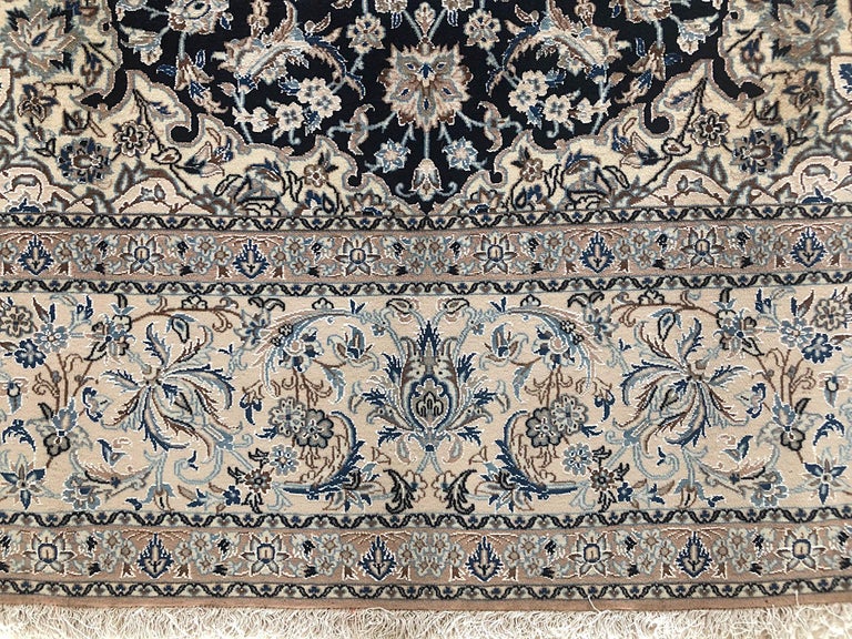 Persian Hand Knotted Medallion Floral Dark Blue Nain Rug, circa 1960s ...