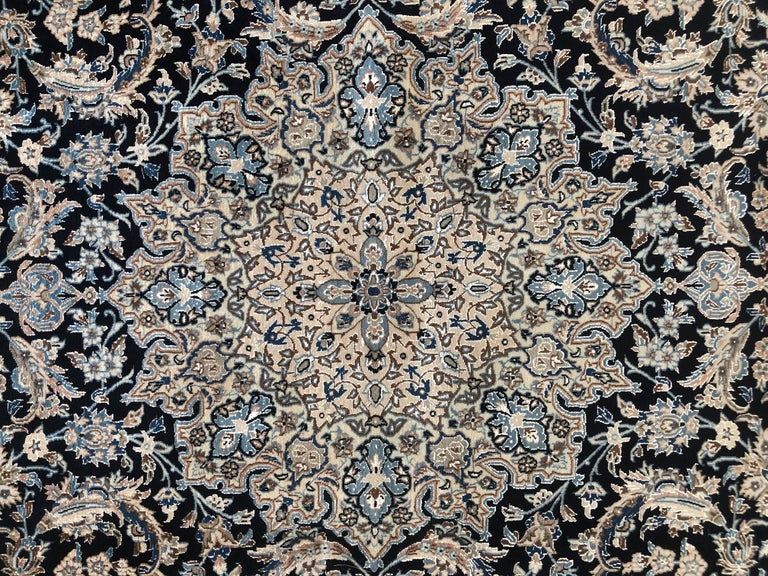 Persian Hand Knotted Medallion Floral Dark Blue Nain Rug, circa 1960s ...