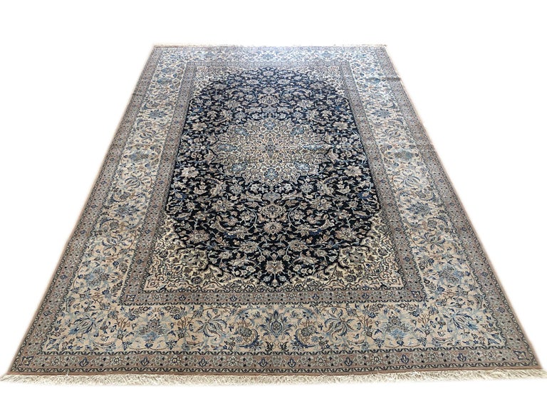 Persian Hand Knotted Medallion Floral Dark Blue Nain Rug, circa 1960s ...