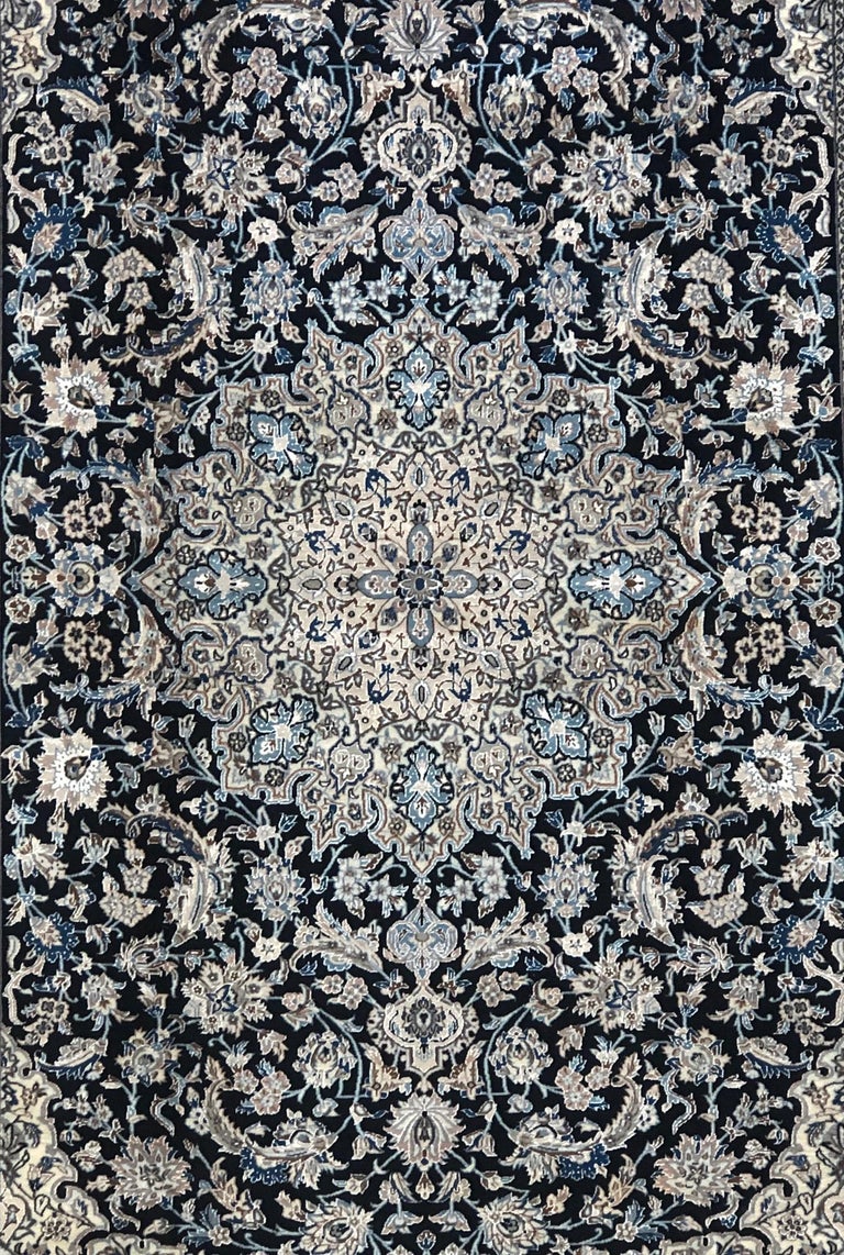Persian Hand Knotted Medallion Floral Dark Blue Nain Rug, circa 1960s ...