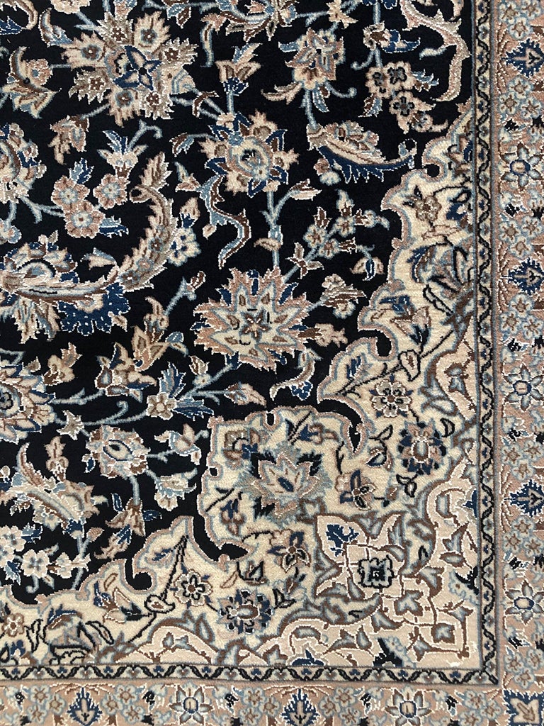 Persian Hand Knotted Medallion Floral Dark Blue Nain Rug, circa 1960s ...