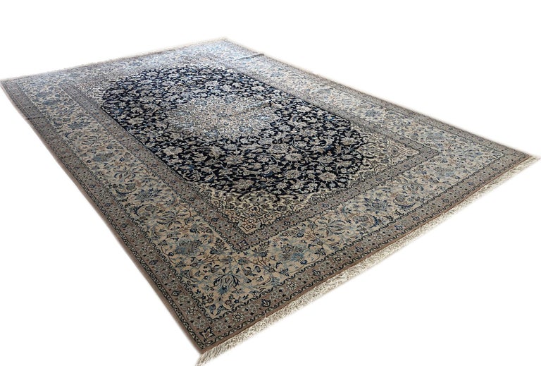 Persian Hand Knotted Medallion Floral Dark Blue Nain Rug, circa 1960s ...