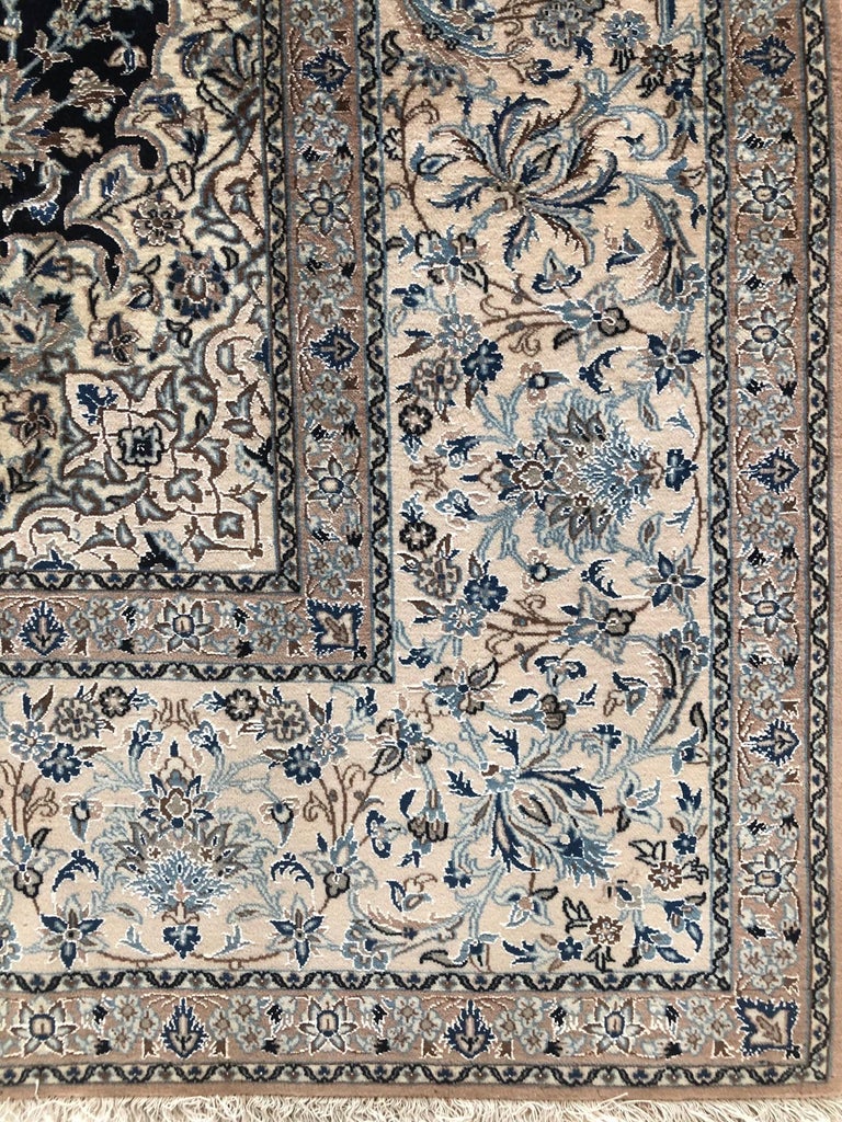 Persian Hand Knotted Medallion Floral Dark Blue Nain Rug, circa 1960s ...