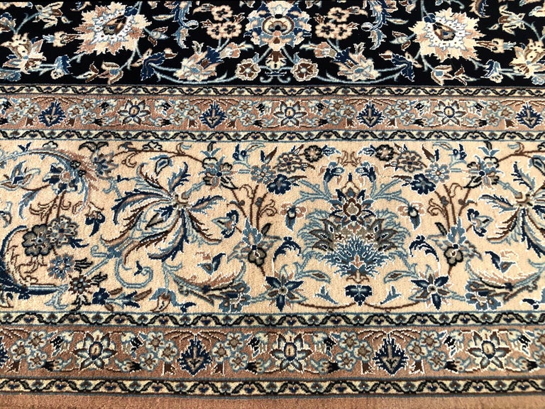 Persian Hand Knotted Medallion Floral Dark Blue Nain Rug, circa 1960s ...