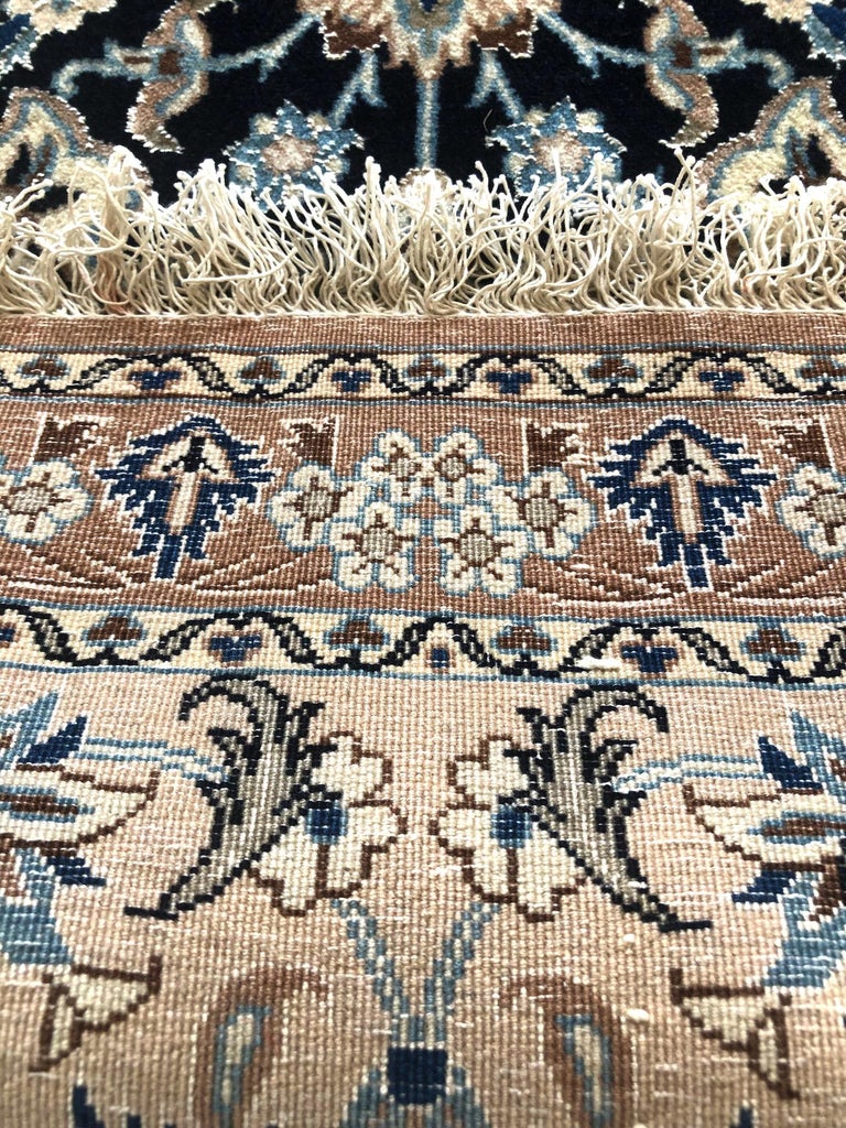 Persian Hand Knotted Medallion Floral Dark Blue Nain Rug, circa 1960s ...