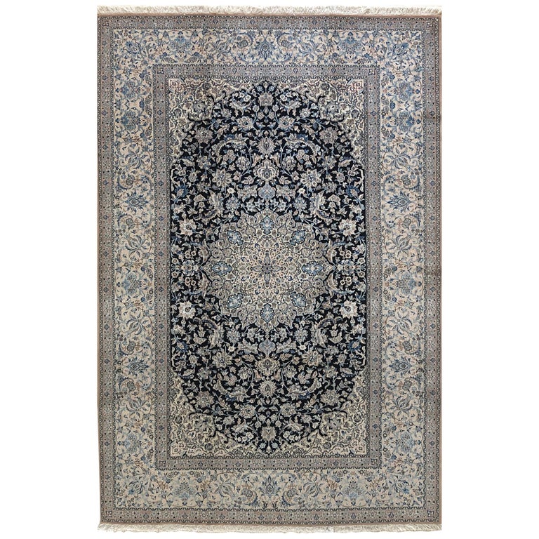 Persian Hand Knotted Medallion Floral Dark Blue Nain Rug, circa 1960s ...