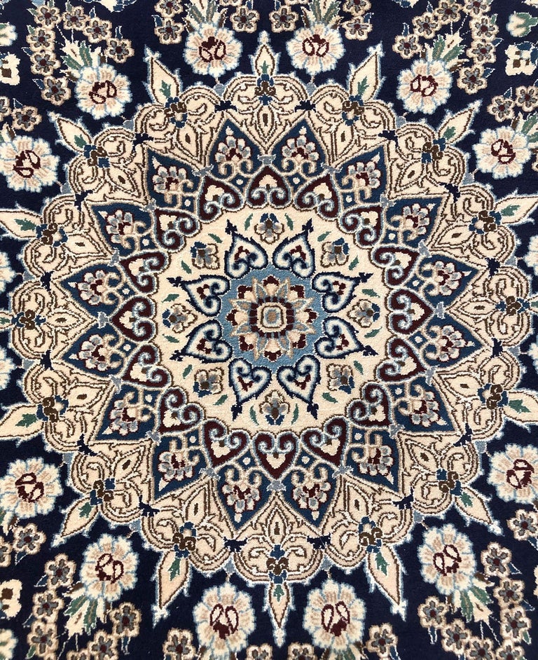 Persian Hand Knotted Medallion Floral Dark Blue Nain Rug at 1stDibs