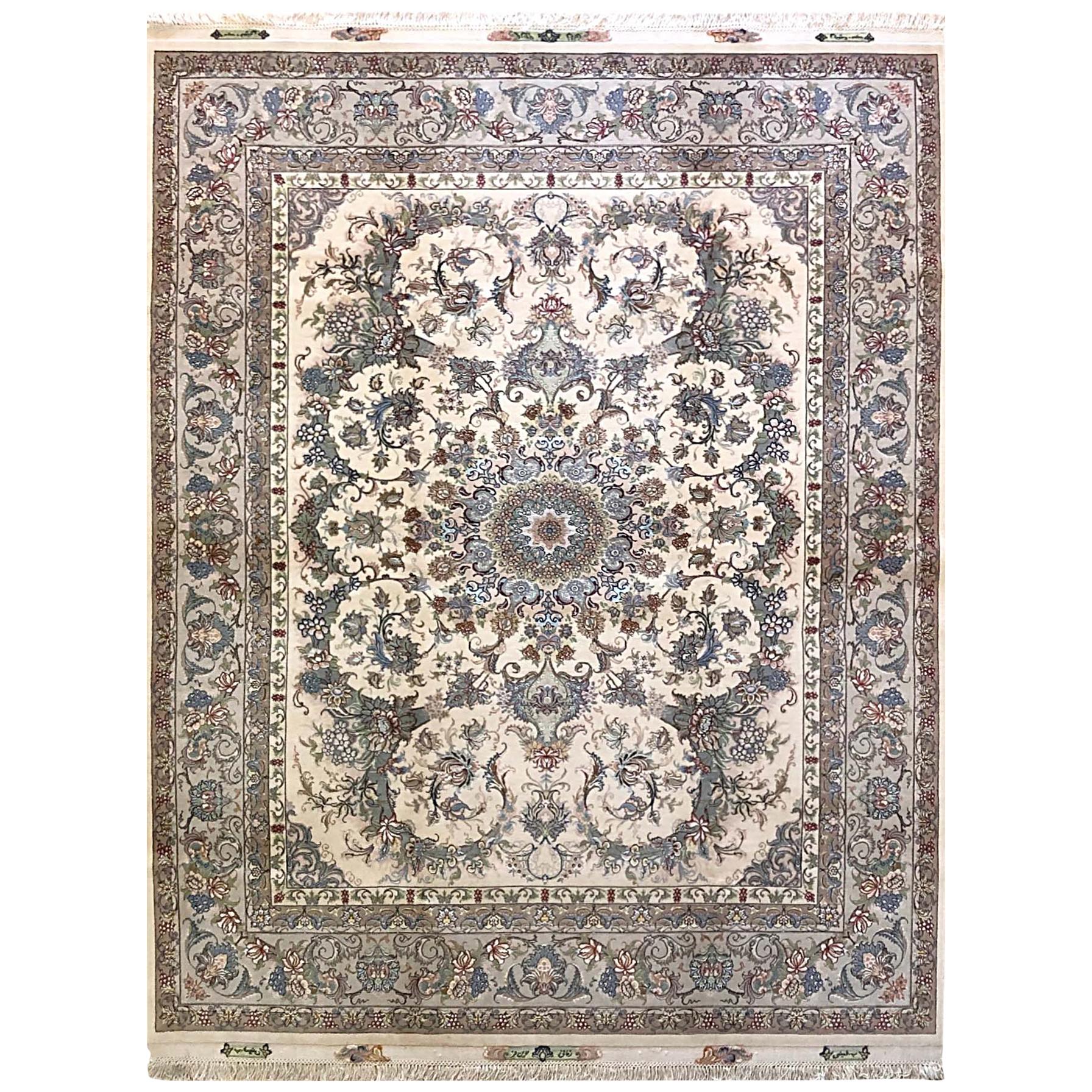 Vintage Persian Tabriz Rug, Intricate Floral Design in Light Green and ...