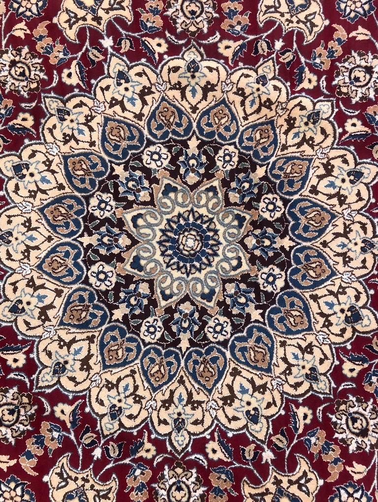 Persian Hand Knotted Medallion Floral Red Cream Nain Round Rug at 1stDibs