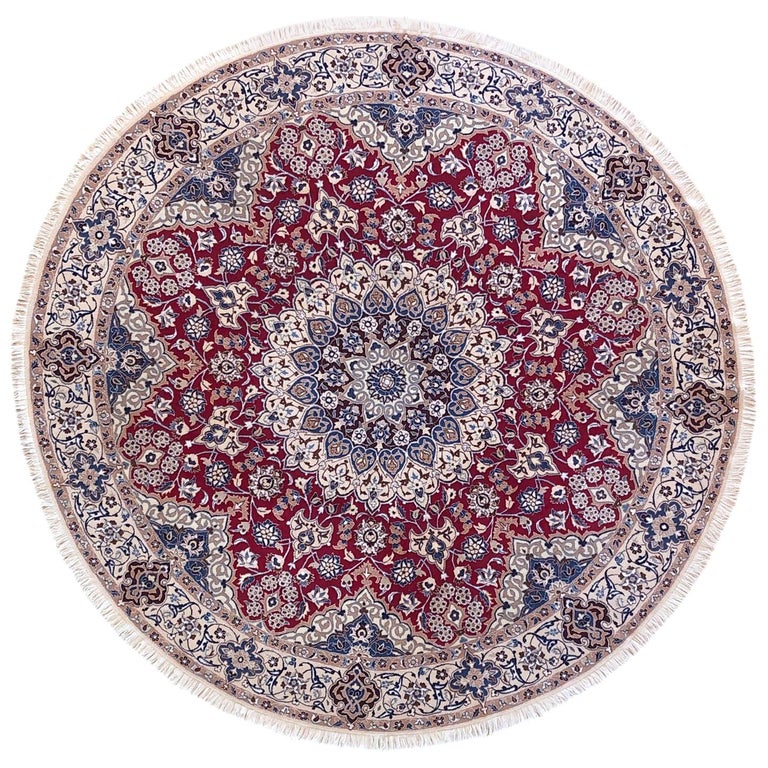 Persian Hand Knotted Medallion Floral Red Cream Nain Round Rug at 1stDibs