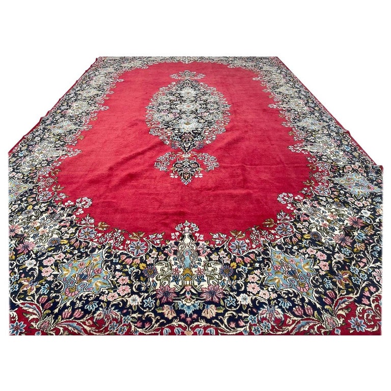 Persian Hand Knotted Medallion Floral Red Kirman Rug, Circa 1970 For ...