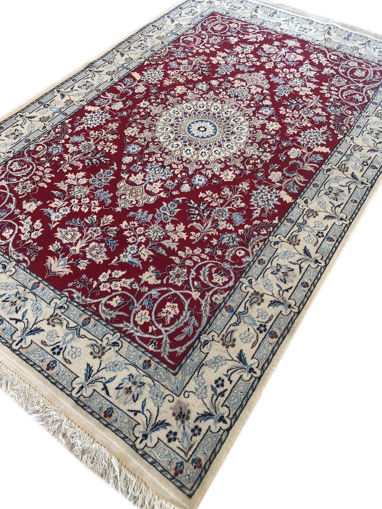 Persian Hand Knotted Medallion Floral Red Nain Rug, circa 1980s For ...