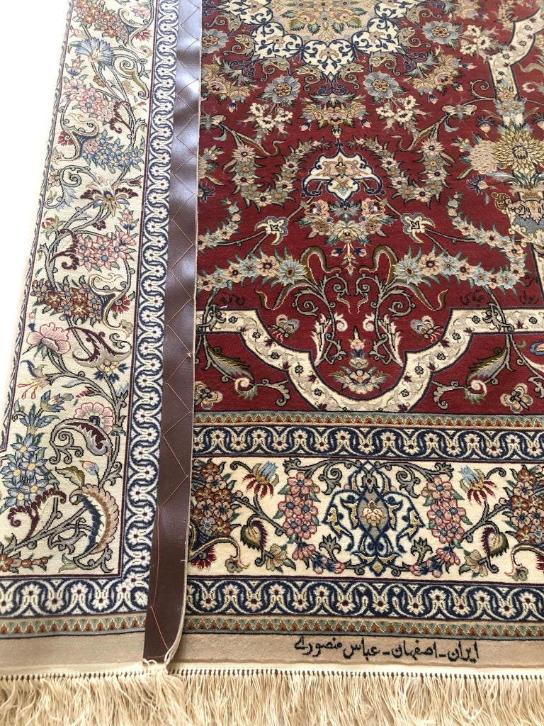 Persian Hand Knotted Medallion Floral Silk Isfahan Rug For Sale at 1stDibs