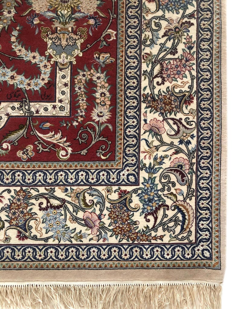 Persian Hand Knotted Medallion Floral Silk Isfahan Rug For Sale at 1stDibs