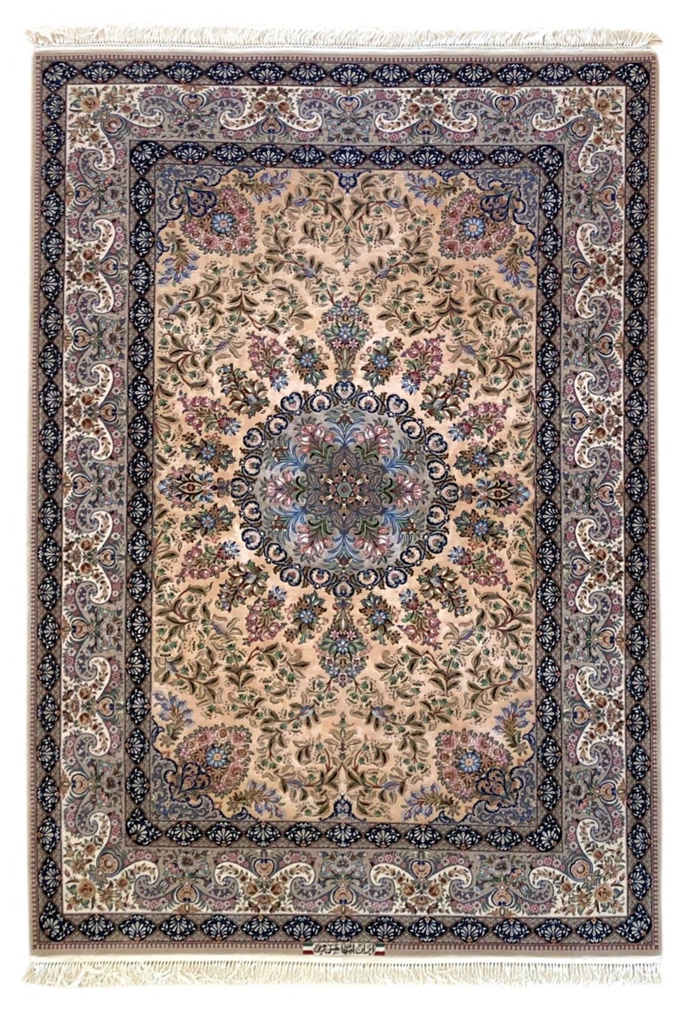 Persian Hand Knotted Medallion Silk Floral Isfahan Rug For Sale at 1stdibs