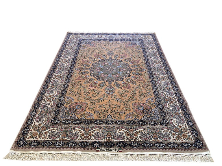 Persian Hand Knotted Medallion Silk Floral Isfahan Rug For Sale at 1stDibs