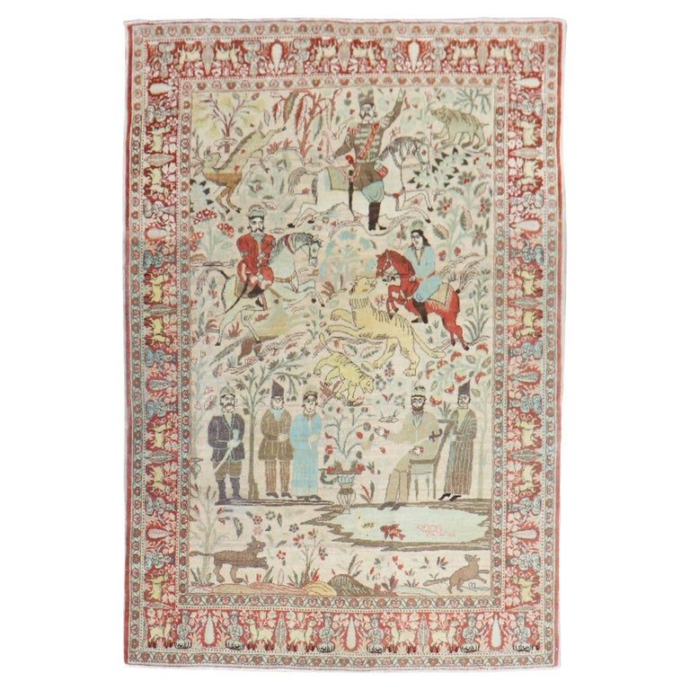 Persian Tabriz Hunting Animal Pictorial Scatter Rug For Sale at 1stDibs