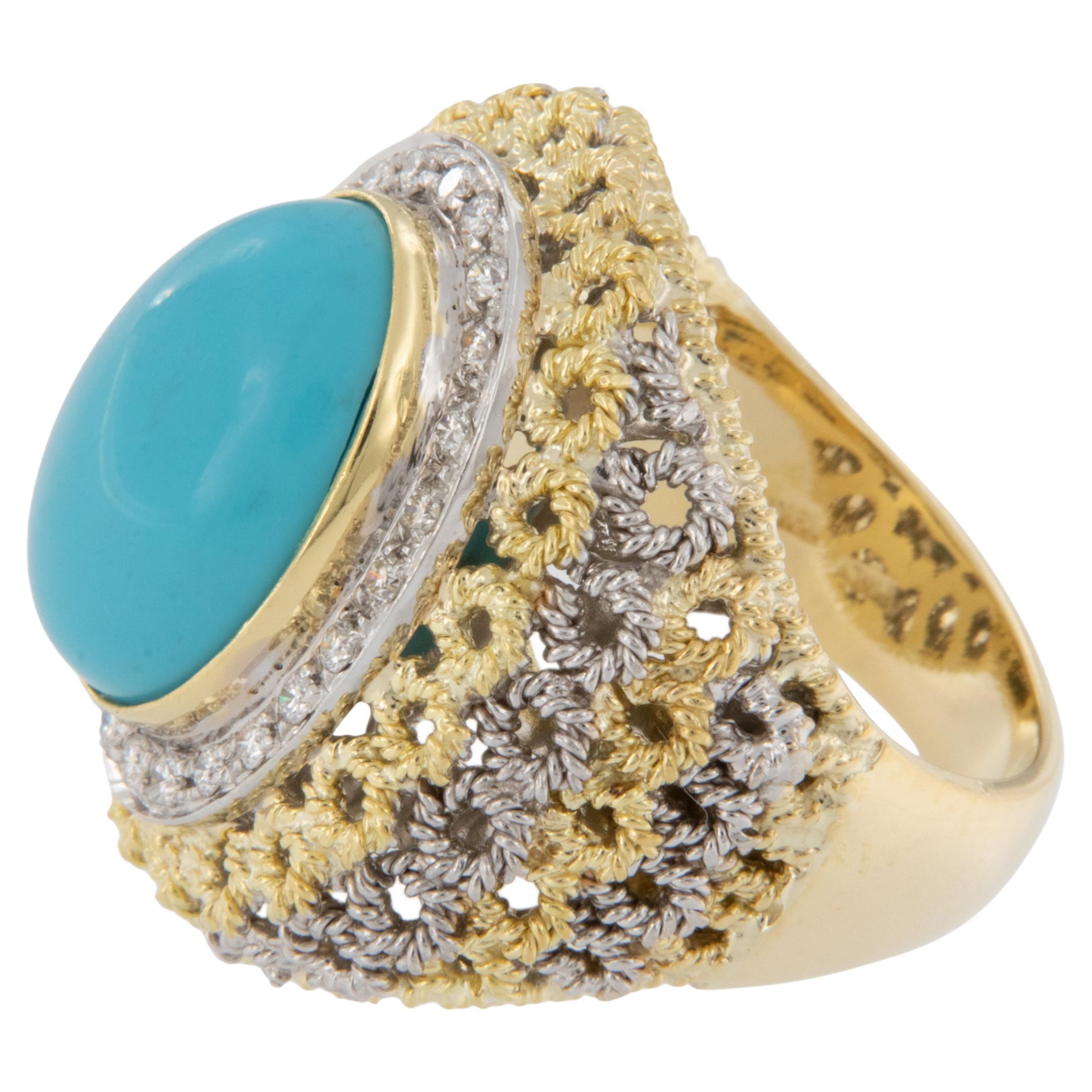 Italian 18 Karat Yellow Gold Persian Turquoise and Diamond Ring Made in ...