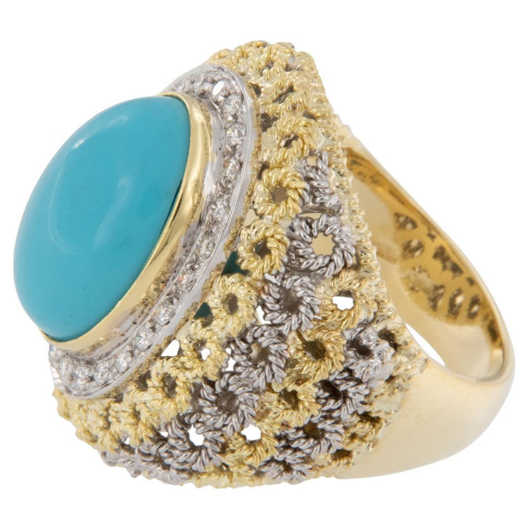 Persischer Türkis-Diamantring aus 18 Karat Gelbgold und Weißgold ...