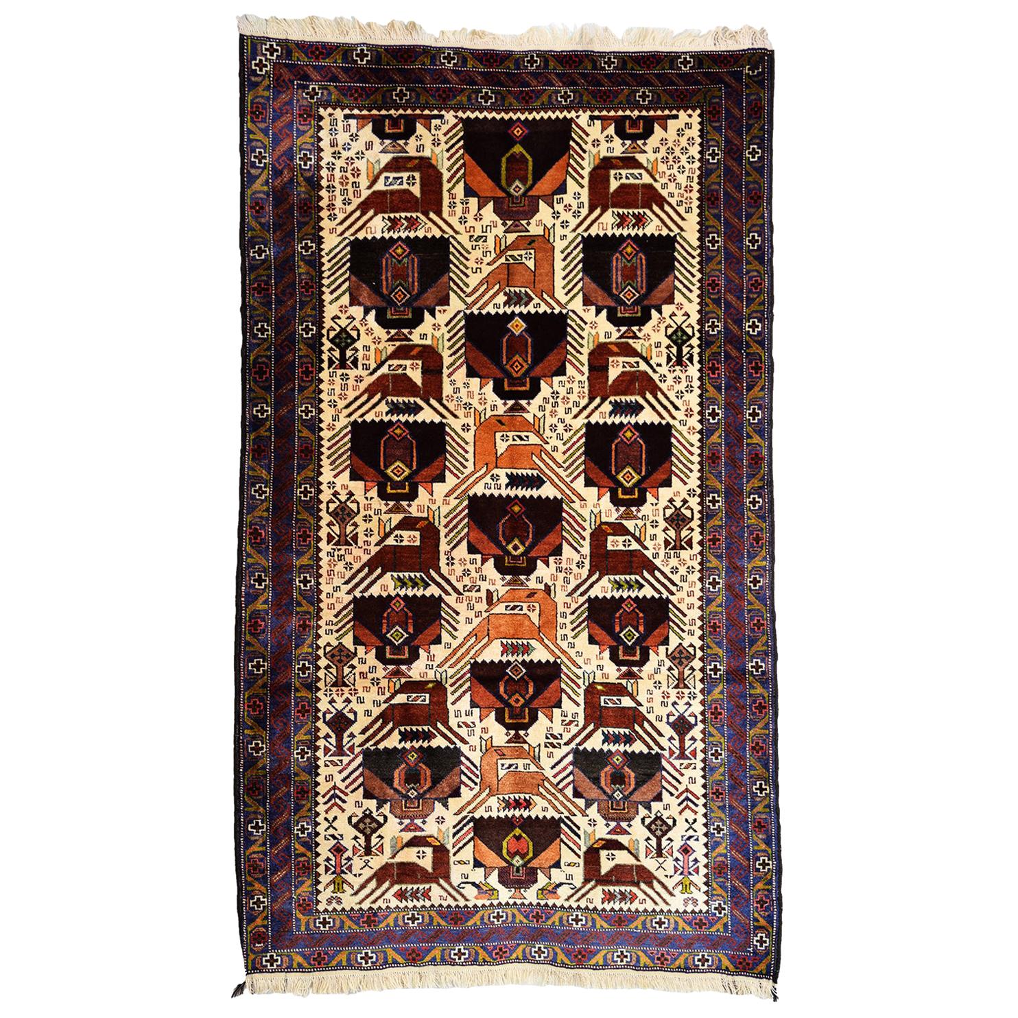 Vintage 1940s Persian Zabol Rug, Zoroastrian Motif, 4x6 For Sale at 1stDibs