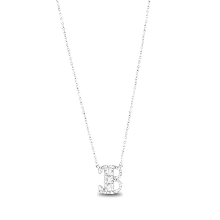 Personalized Baguette Diamond B Letter Pendant 14K White Gold Initial ...