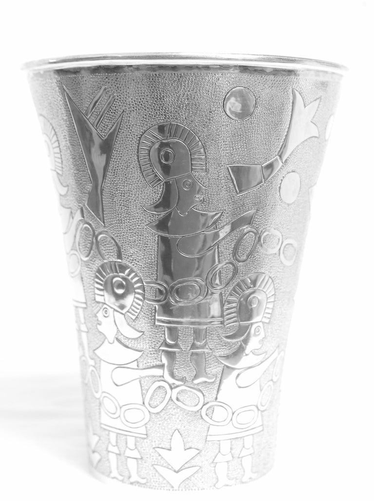 Peruvian Hand Tooled Sterling Silver Vessel with Incan Design, 20th ...