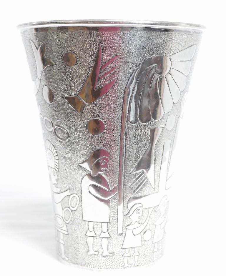 Peruvian Hand Tooled Sterling Silver Vessel with Incan Design, 20th ...