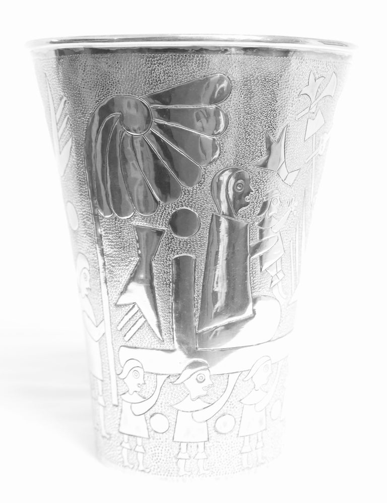 Peruvian Hand Tooled Sterling Silver Vessel with Incan Design, 20th ...