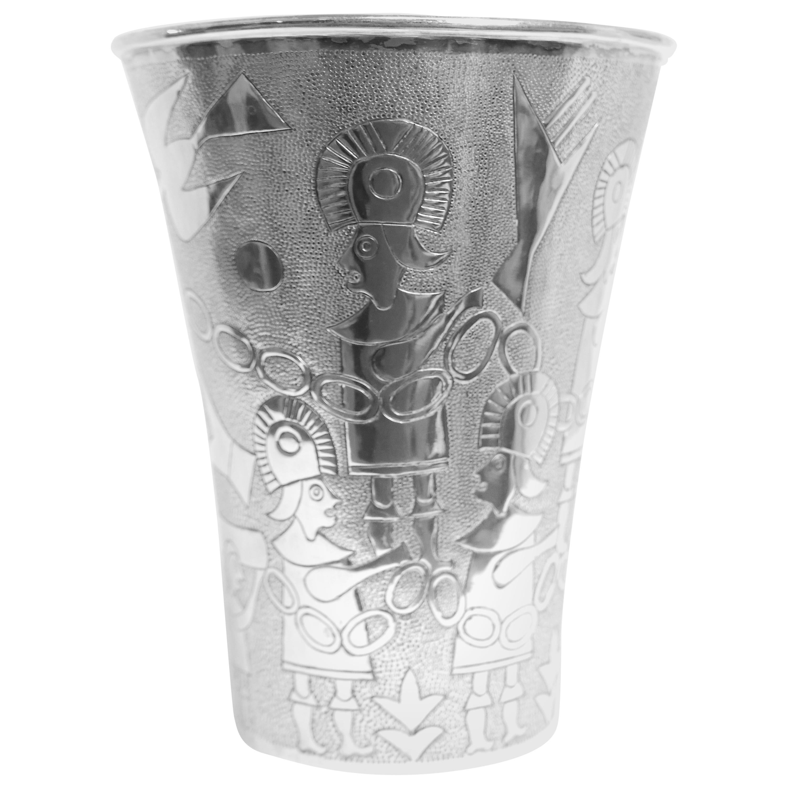 Peruvian Hand Tooled Sterling Silver Vessel with Incan Design, 20th ...