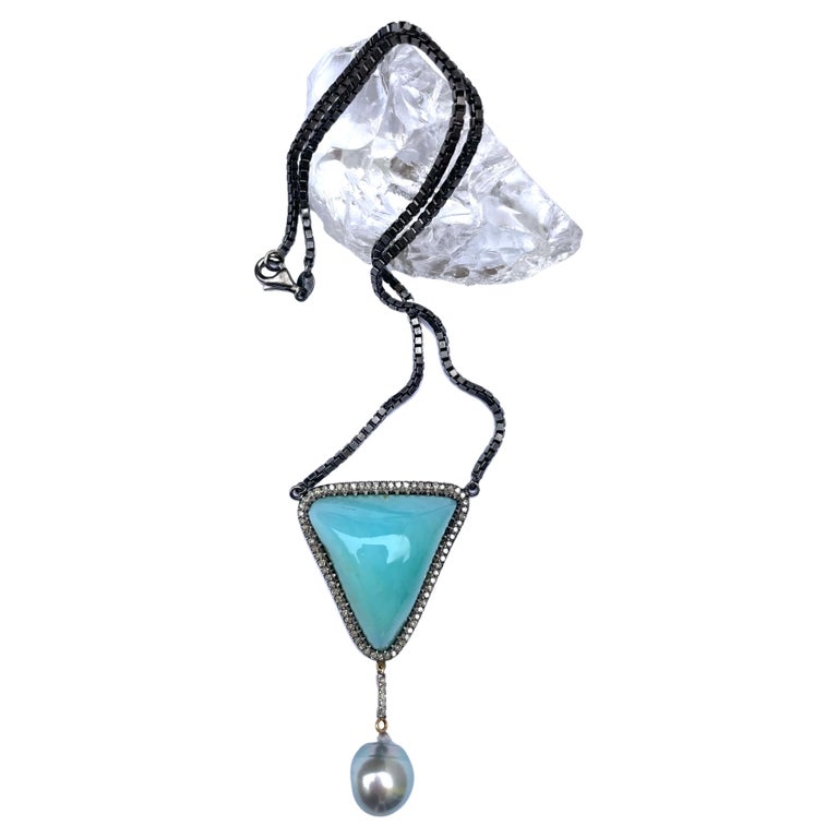 Peruvian Opal with Tahitian Pearl and Diamonds Necklace For Sale at 1stDibs