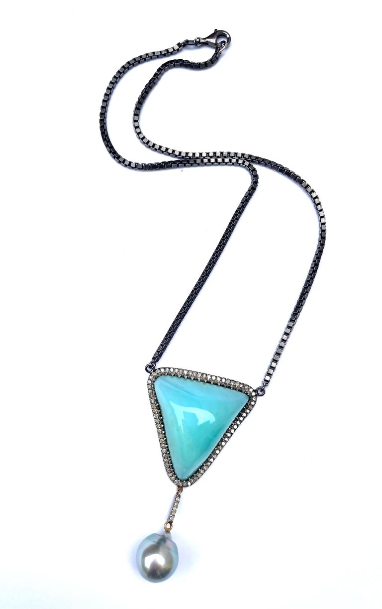 Peruvian Opal with Tahitian Pearl and Diamonds Necklace For Sale at 1stDibs