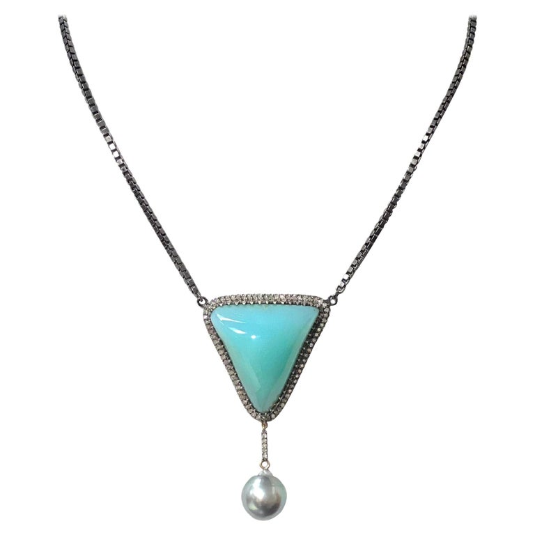 Peruvian Opal with Tahitian Pearl and Diamonds Necklace For Sale at 1stDibs