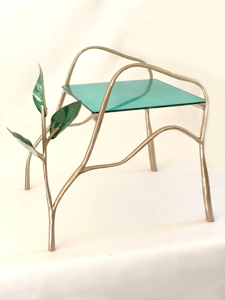 'Petal Table', Solid Bronze Side Table with Ceramic Leaves and Blue ...