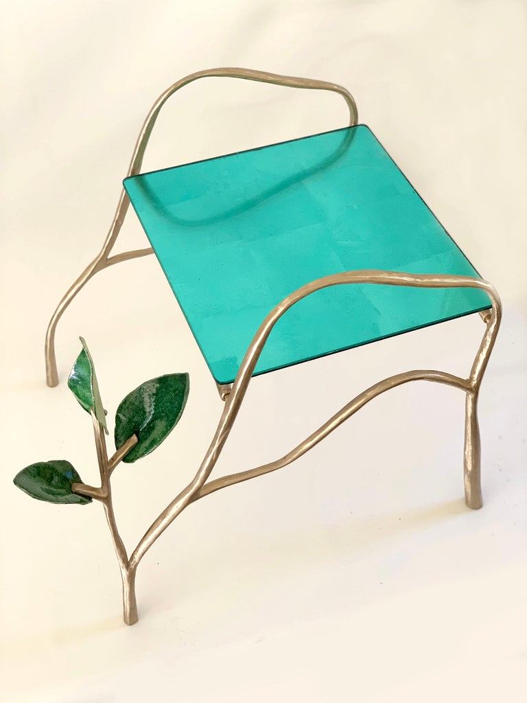 'Petal Table', Solid Bronze Side Table with Ceramic Leaves and Blue ...