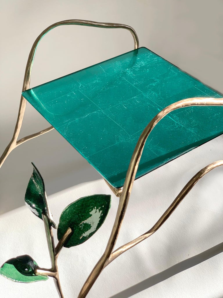 'Petal Table', Solid Bronze Side Table with Ceramic Leaves and Blue ...