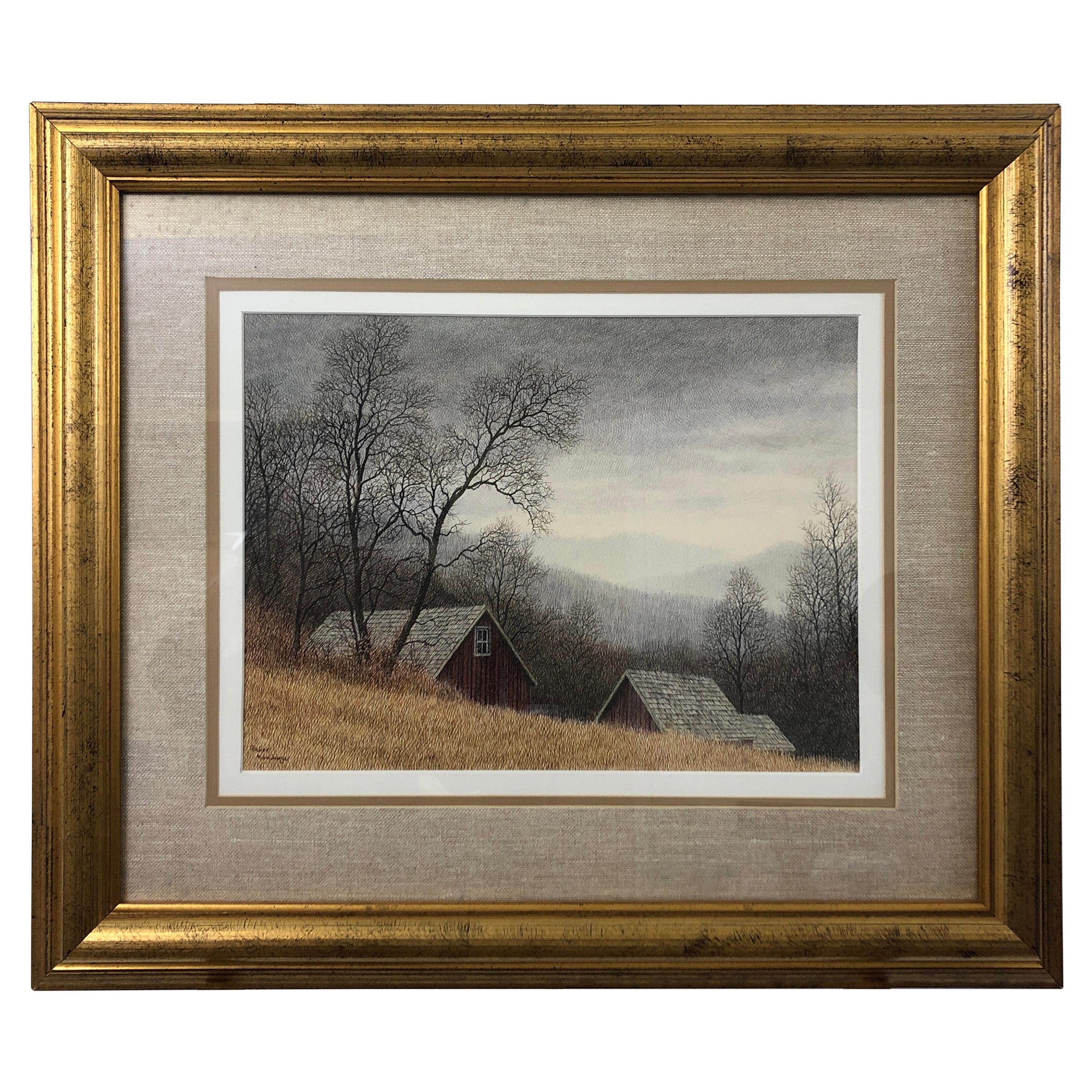 Peter Keating Dreamy Original Watercolor of Mountainside Barn at ...