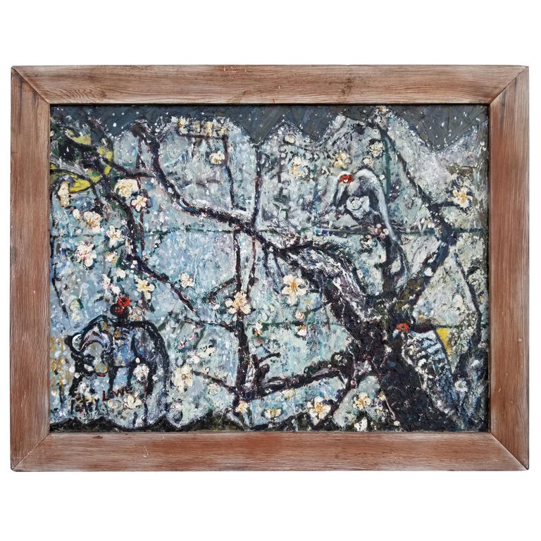 Peter Lowe Abstract Painting, Birds in Tree For Sale at 1stDibs
