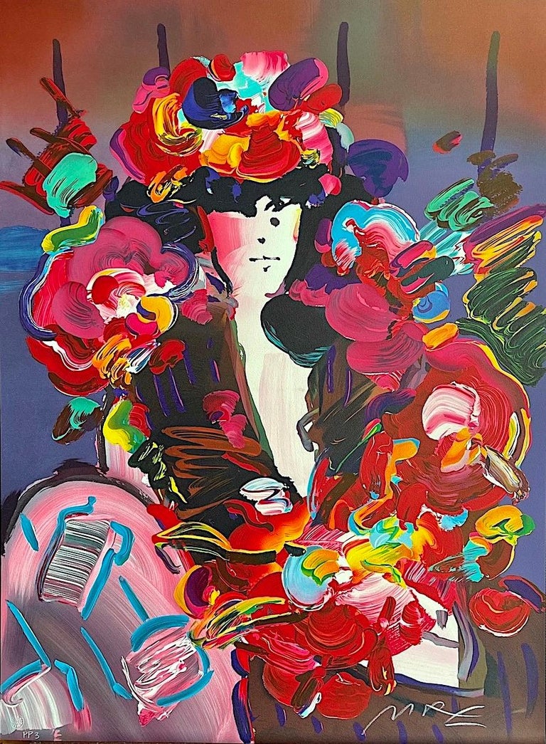 Peter Max - BROWN LADY II, lithographie signée, portrait coloré de ...