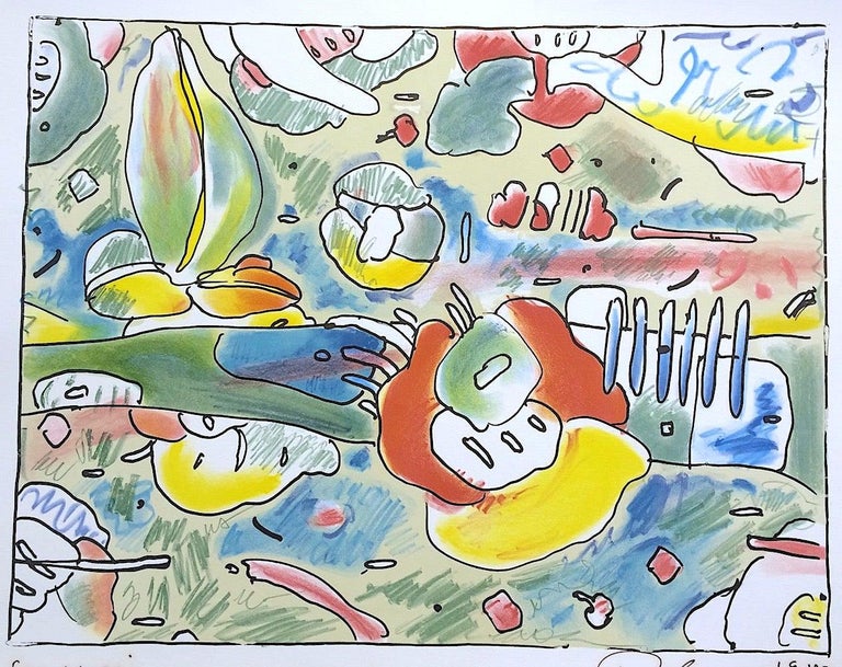 Peter Max - FLOWER ABSTRACT Signed Lithograph, Pop Art Floral, Olive ...