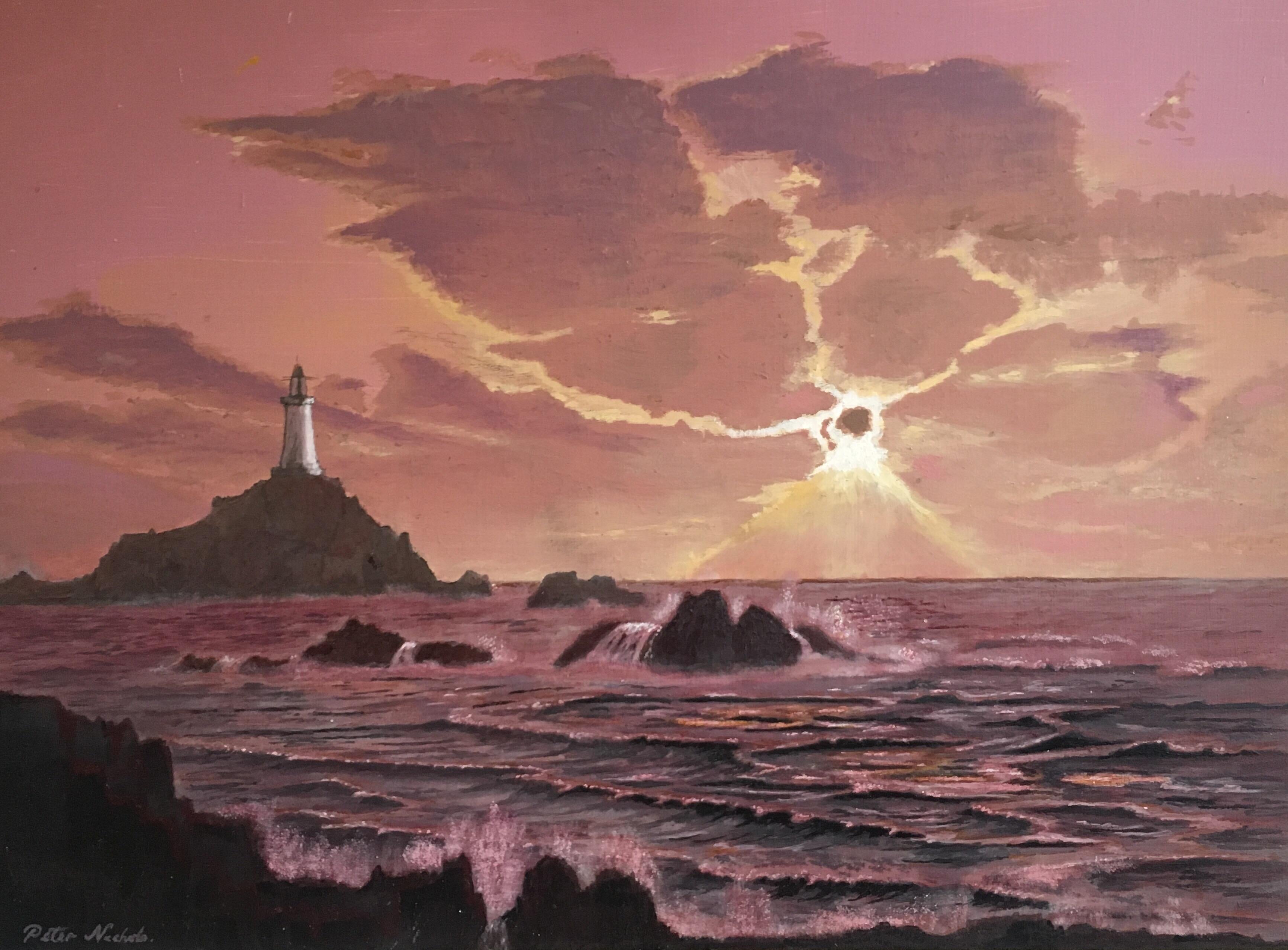 Peter Nichols - The Lighthouse, Sunset Landscape Large Signed Oil ...