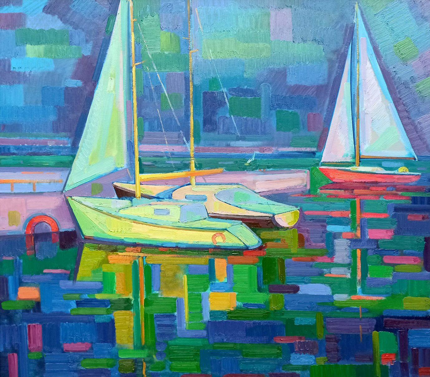 Peter Tovpev - The Boats are Moored, Original oil Painting, Ready to ...