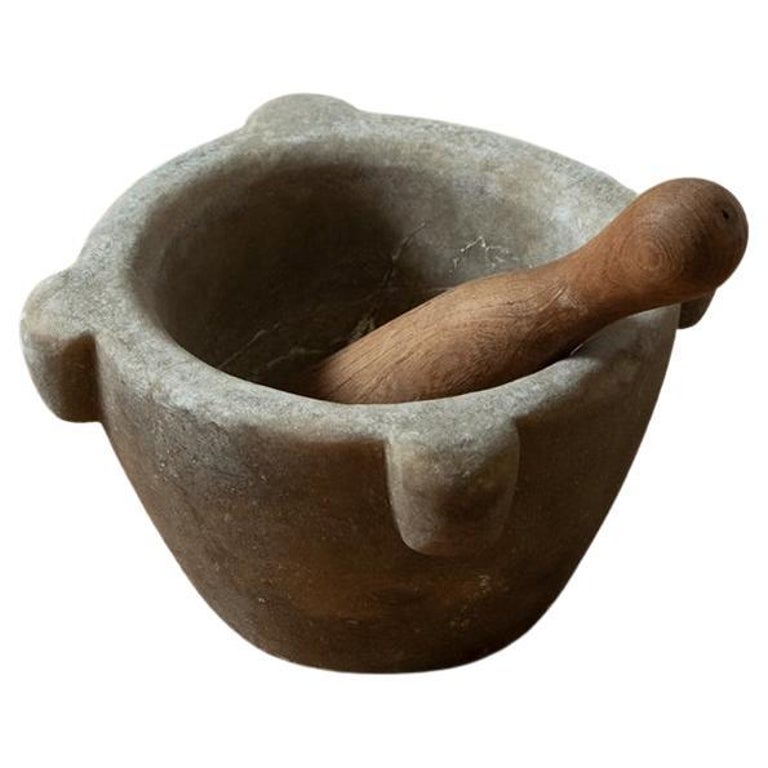 Petit French Stone Mortar with Wood Pestle at 1stDibs