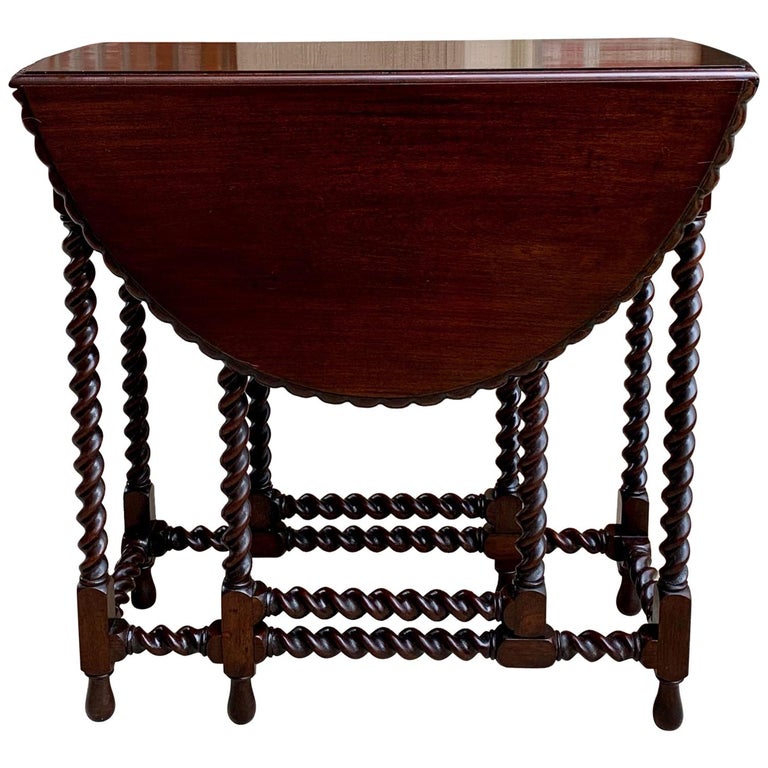 Petite Antique English Mahogany Side Tea Table Barley Twist Drop Leaf ...