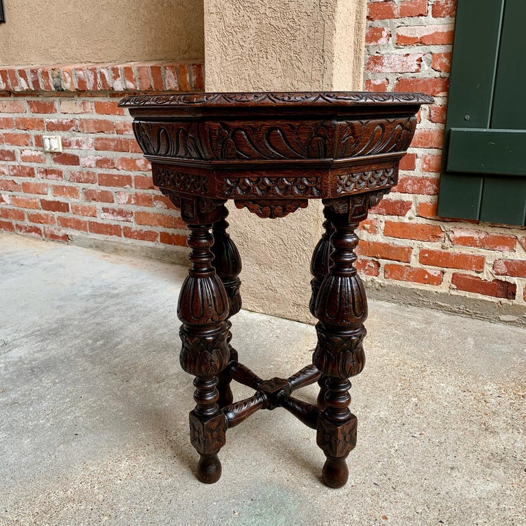 Petite Antique French Carved Oak Octagon Center Table Side End ...