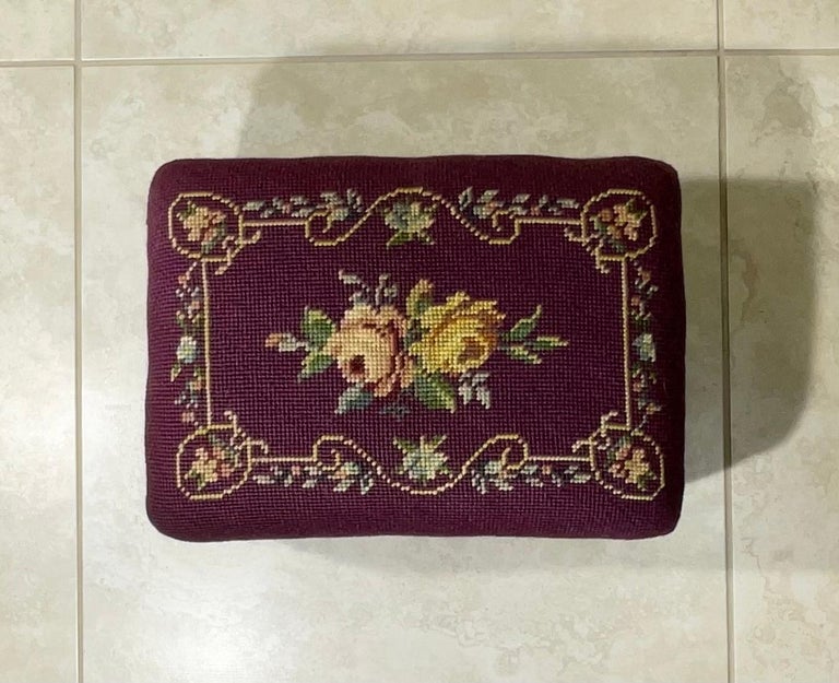 Petite Antique Hand Carved Needlepoint Textile Upholstered Foot Stool ...