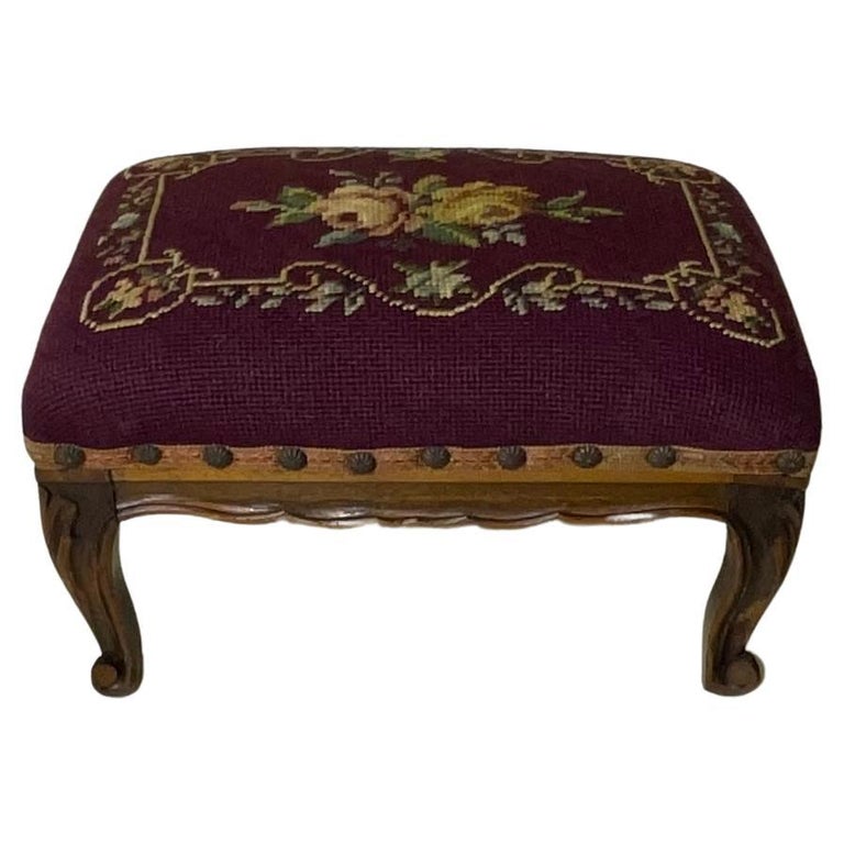 Petite Antique Hand Carved Needlepoint Textile Upholstered Foot Stool ...