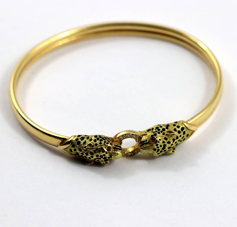 Petite French Double Headed Gold Leopard Bangle with Diamonds and ...