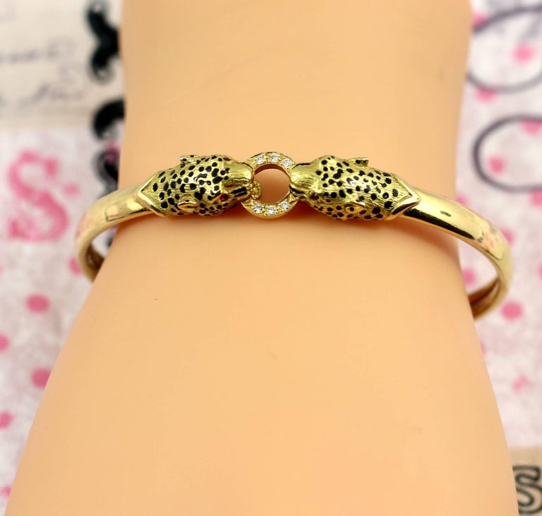 Petite French Double Headed Gold Leopard Bangle with Diamonds and ...
